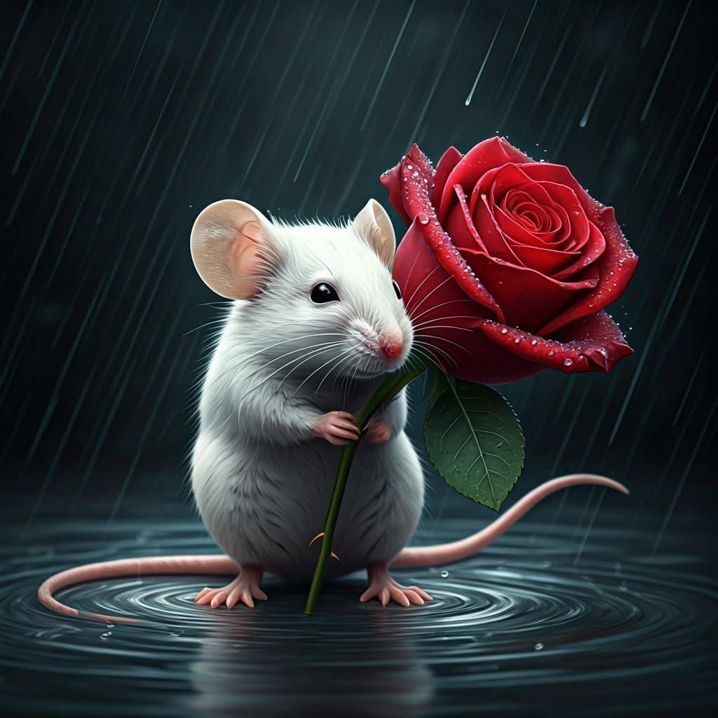 a white mouse and a red rose - Tiny Mouse Holds Majestic Ros...