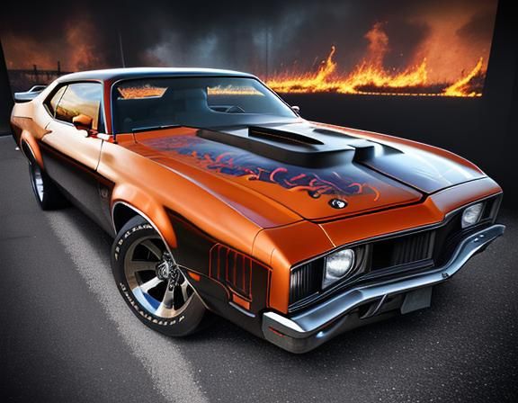 1970s Muscle Car, flames paintjob, forest fire background - AI ...