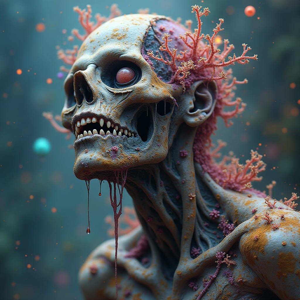 a fractal Mandelbrot textured zombie, maximalism, dripping galaxies ...