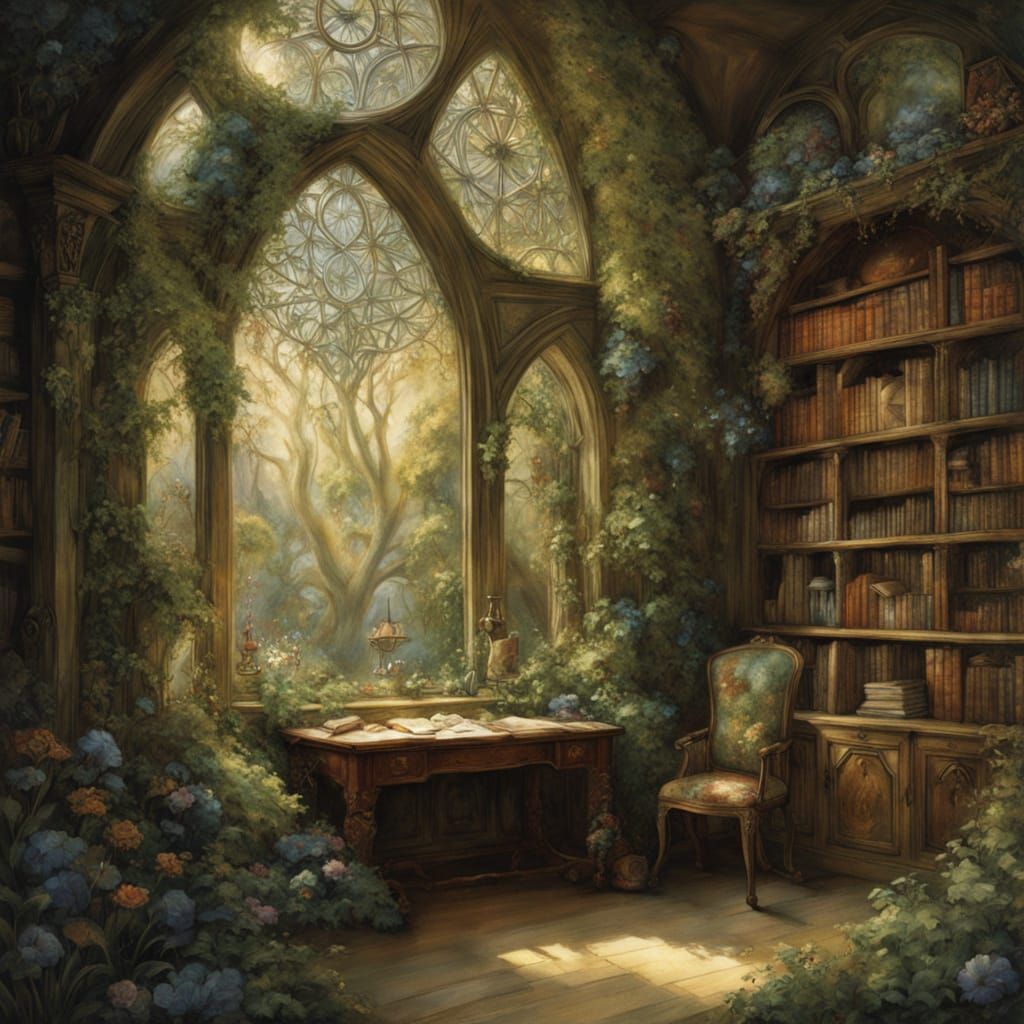 Overgrown Library - Enchanted Fairy Library with Pastel Tome...