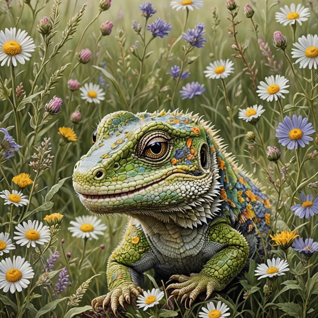 A realistic cute happy fluffy baby-lizard, by Marjolein Bastin, wildflowers, field, meticulous ...