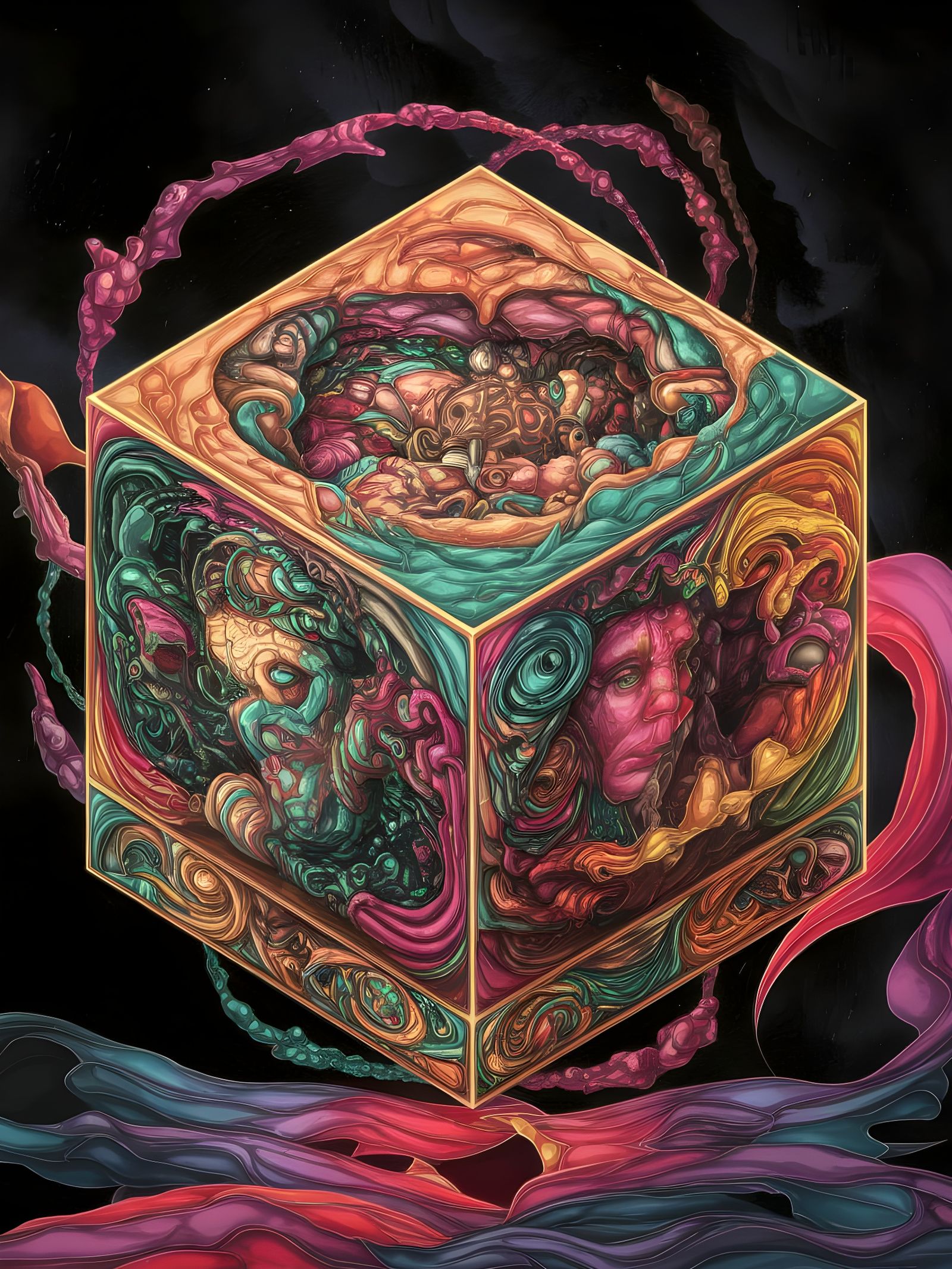 Surreal Psychedelic Cube in Dieselpunk Aesthetic - AI Art