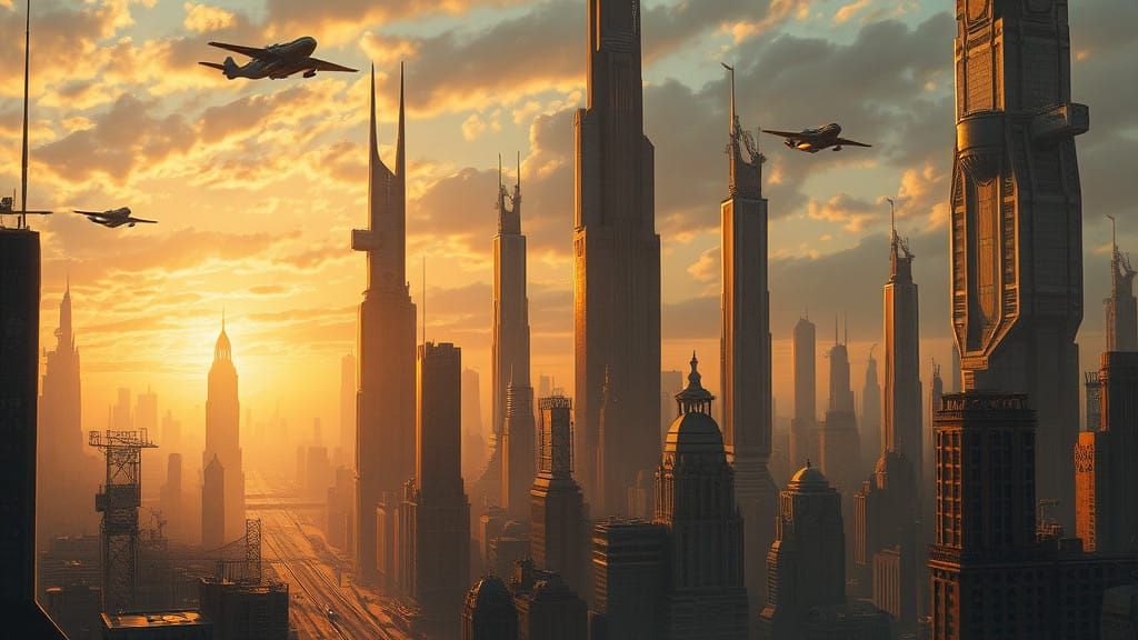 ata 85 lua5sg - Futuristic Cityscape in Warm Golden Light, I...