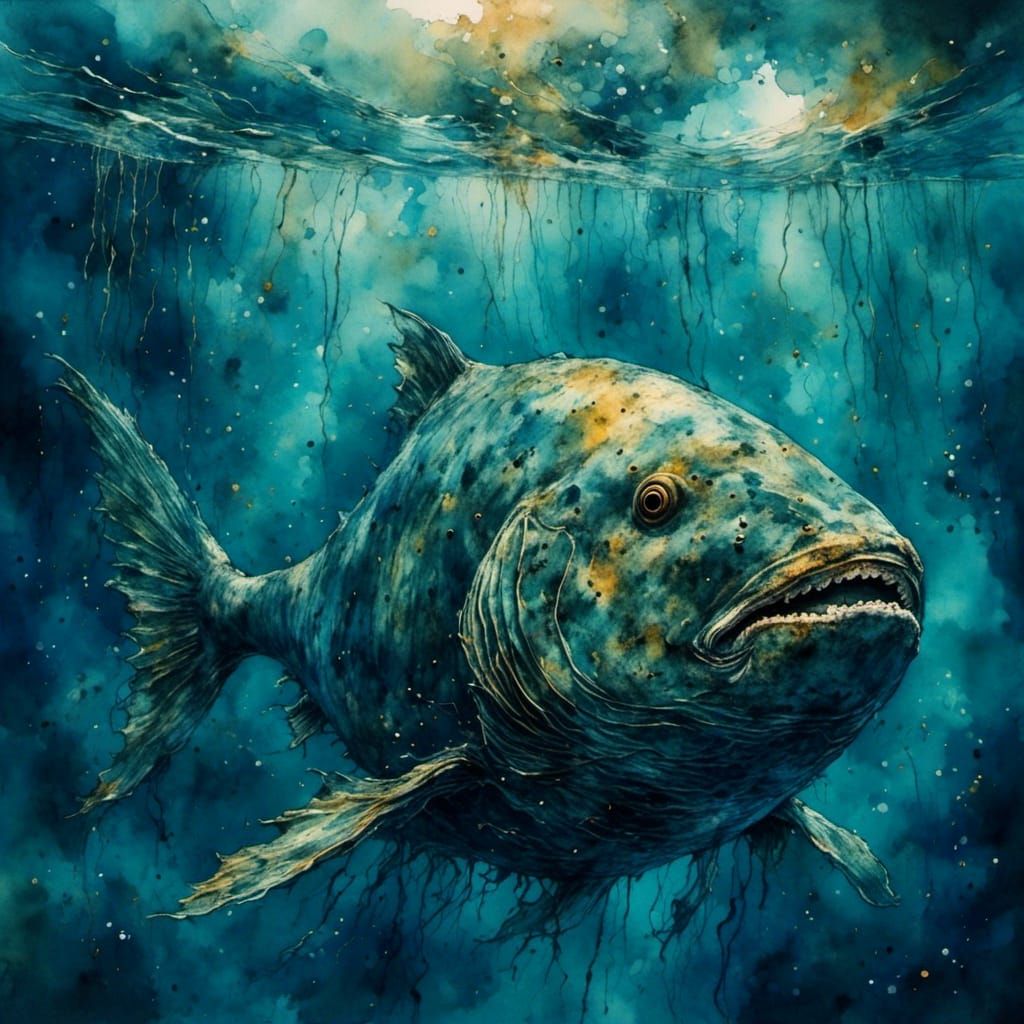 Watercolor Painting of A Sunfish in the Ocean Deep - AI Generated ...