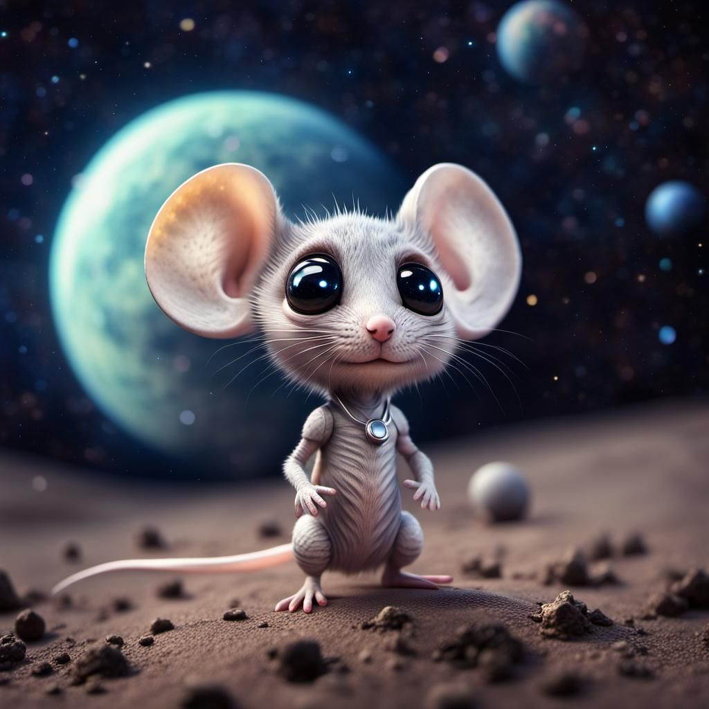 Photograph, Macro, Adorable chibi alien mouse with big eyes on the moon ...