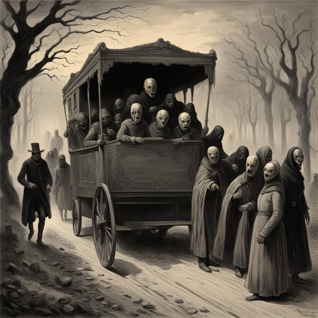 Road caravan creepy horror with people with theater mask in a creepy ...