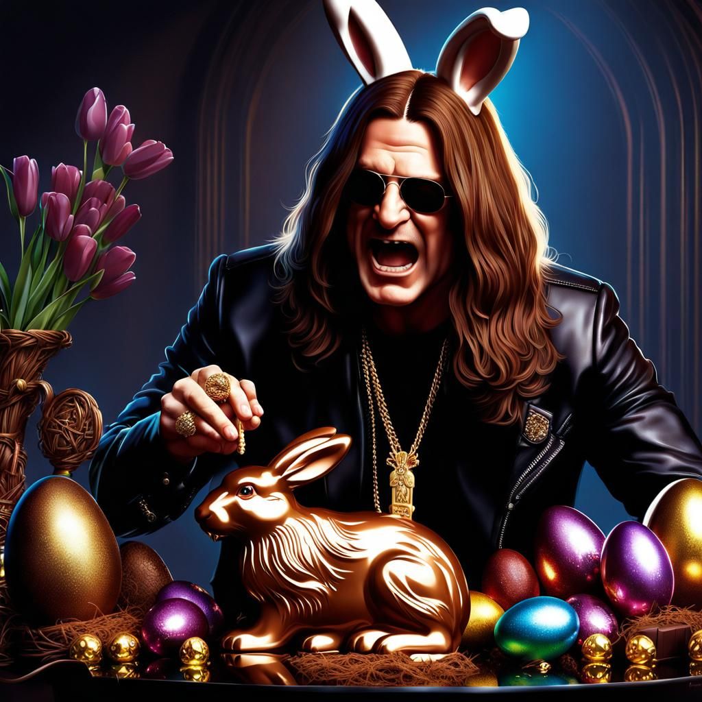 Ozzy Osborne biting the head off of a chocolate Easter bunny