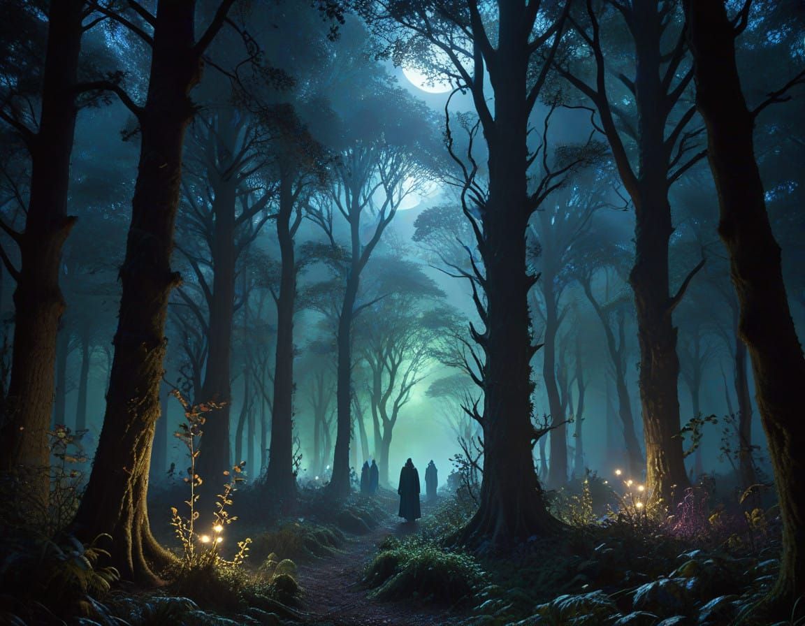 Surreal Shadows Emerge from Dark Forest Twilight - AI Art