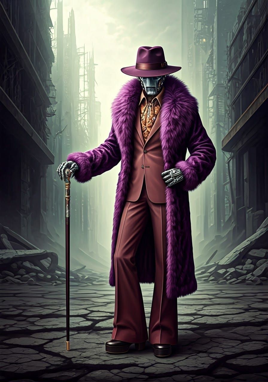 """A realistic robot dressed like a 1970's Pimp, wearing a purple fur ...