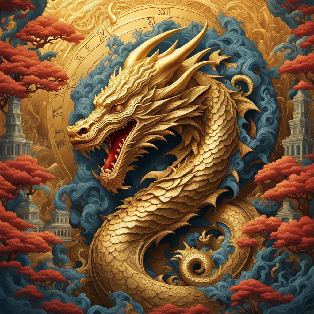 time dragon ,Roman dial, gold, Japanese Art - AI Generated Artwork ...