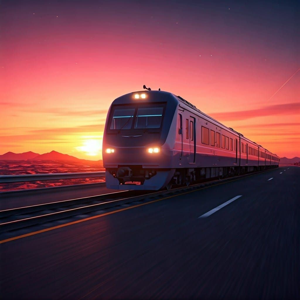 Vaporwave Ghost Train on a Desolate Highway at Sun... - AI Art