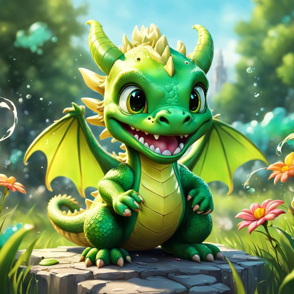 cute baby loud lime dragons, cute, nice smile, dra... - AI Art