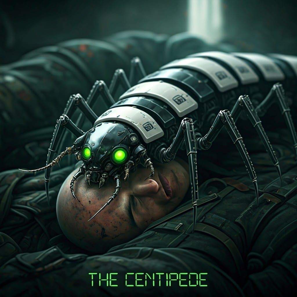 Futuristic Robotic Centipede Perched on Human Fore... - AI Art