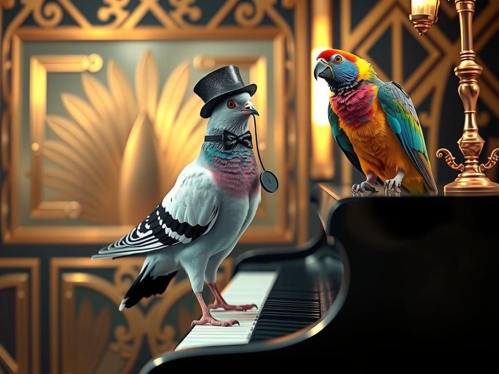 Stylish Pigeon Performs on Art Deco Piano as Parro... - AI Art