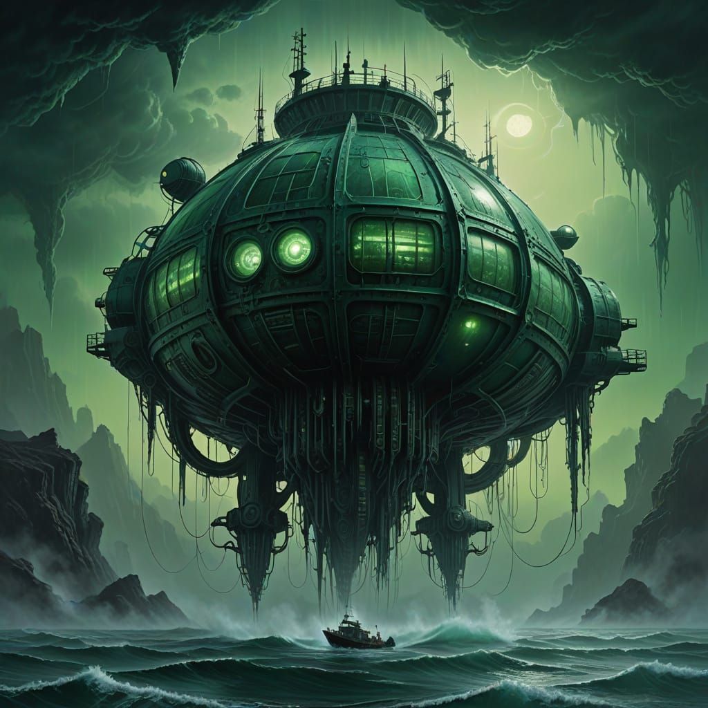 Ethereal Gothic Biomechanical Ship Amidst Turbulen... - AI Art