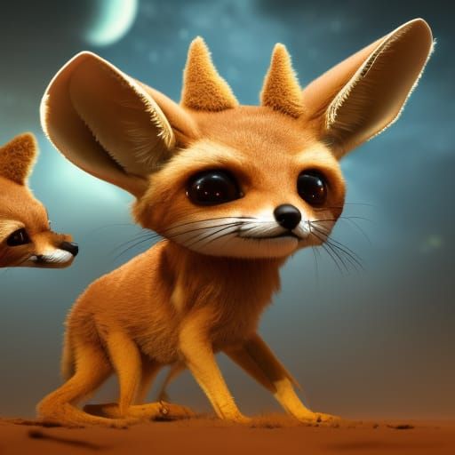 a brown fennec fox, holding a teddy martian, midnight, detailed matte ...