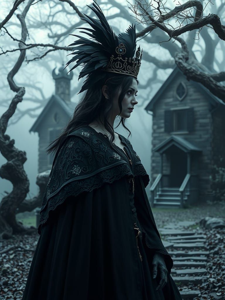 90s Winona Ryder as raven queen with feathered crown, picturesque ...