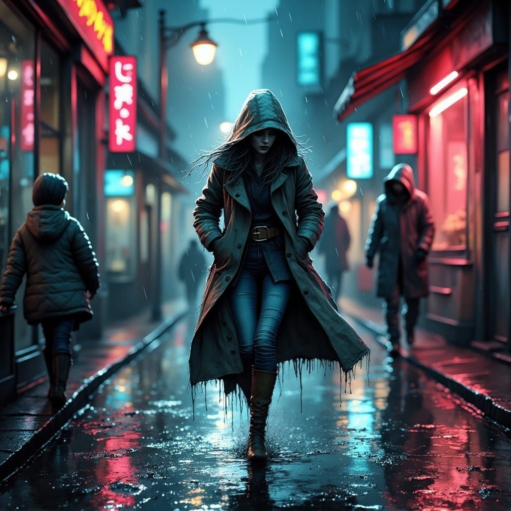 Corre,no mires atrás - Gritty Urban Fantasy Scene in Neon-L...
