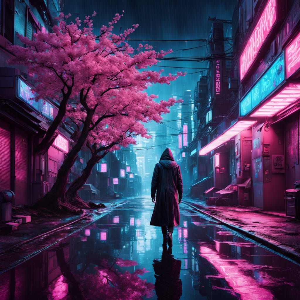 Japan cherry blossom - Neon Cherry Blossom in a Futuristic C...