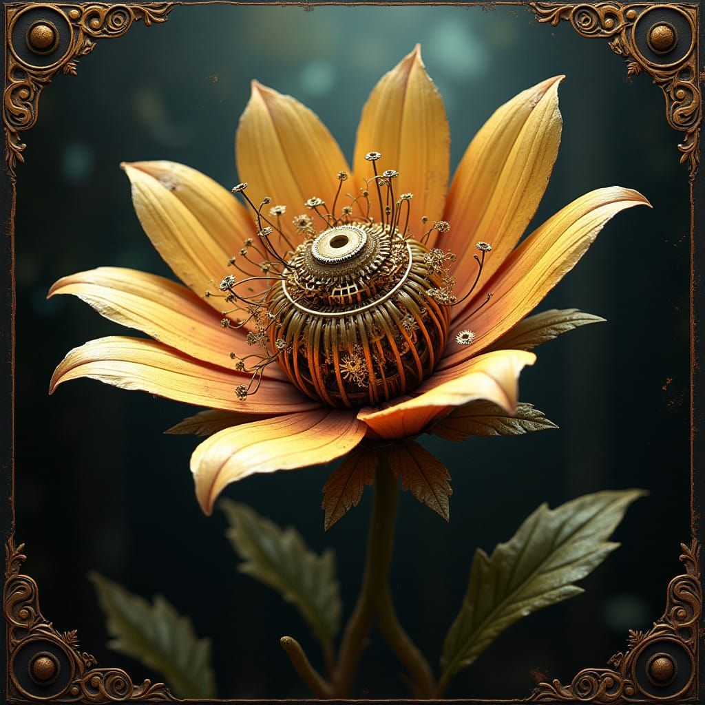A clockwork flower unfurling its gears and petals Tim Burton Dan Mumford intricately detailed ...