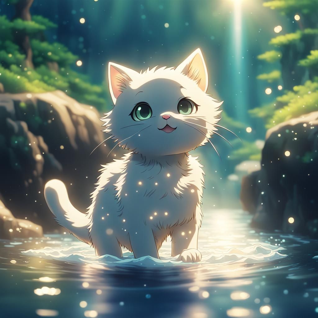 Adorable chibi anime kitten swimming in a beautiful river, glitter ...