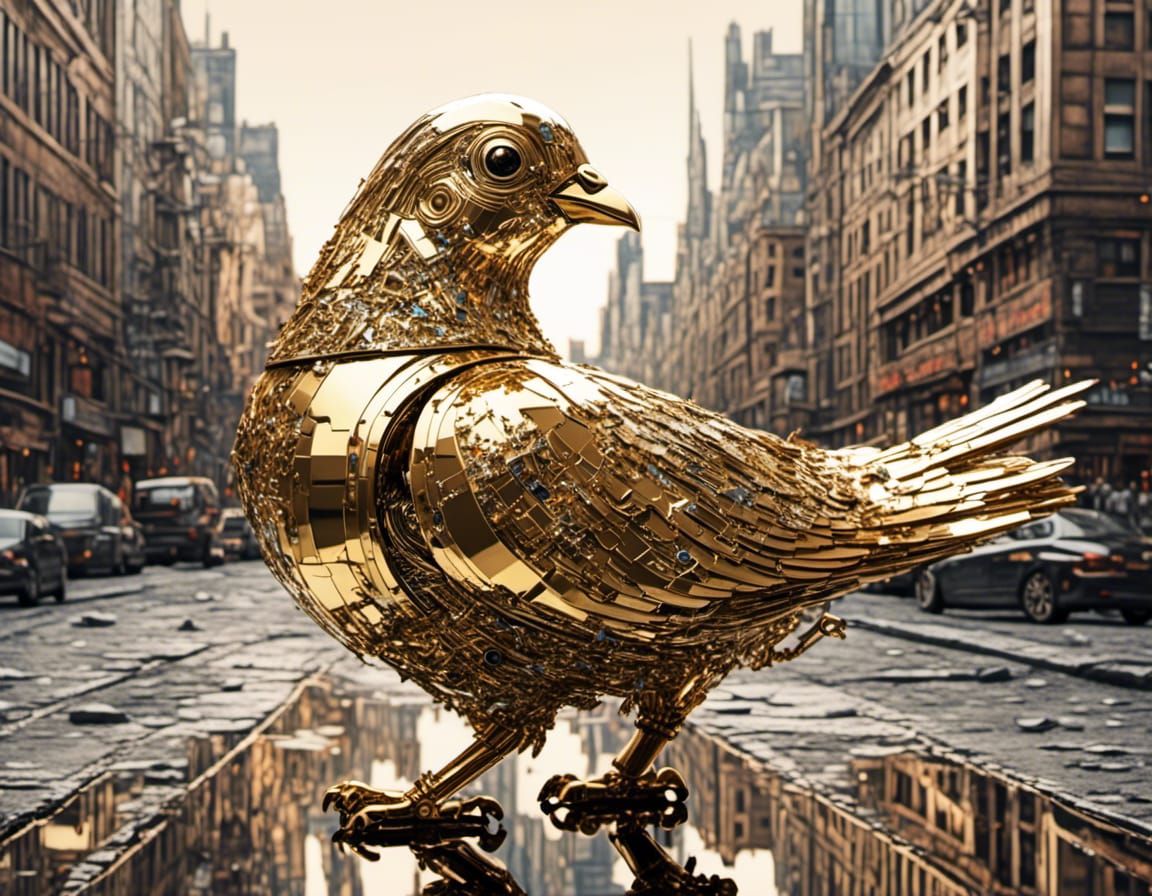Gold Robot pigeon made of metallic mirrored chrome with computer chips ...