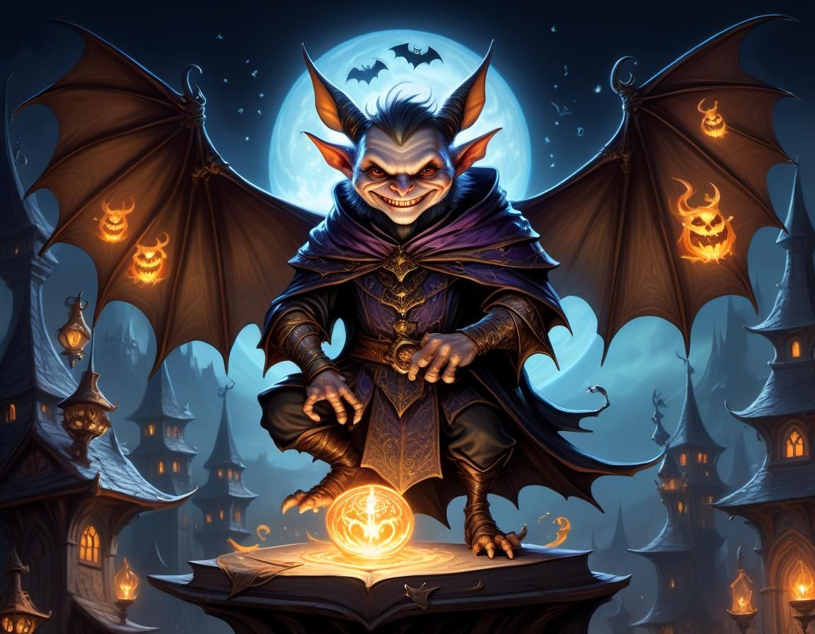 A mischievous imp familiar with bat-like wings and a sly grin, perched ...