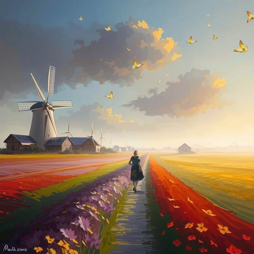 Lush Morning Meadow with Dancing Butterflies and Windmill