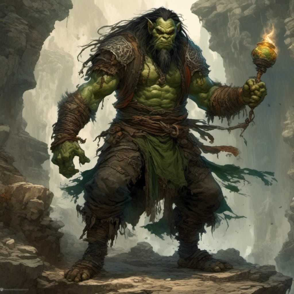 a half orc,monk, wearing long black monk trousers.with long black hairs ...