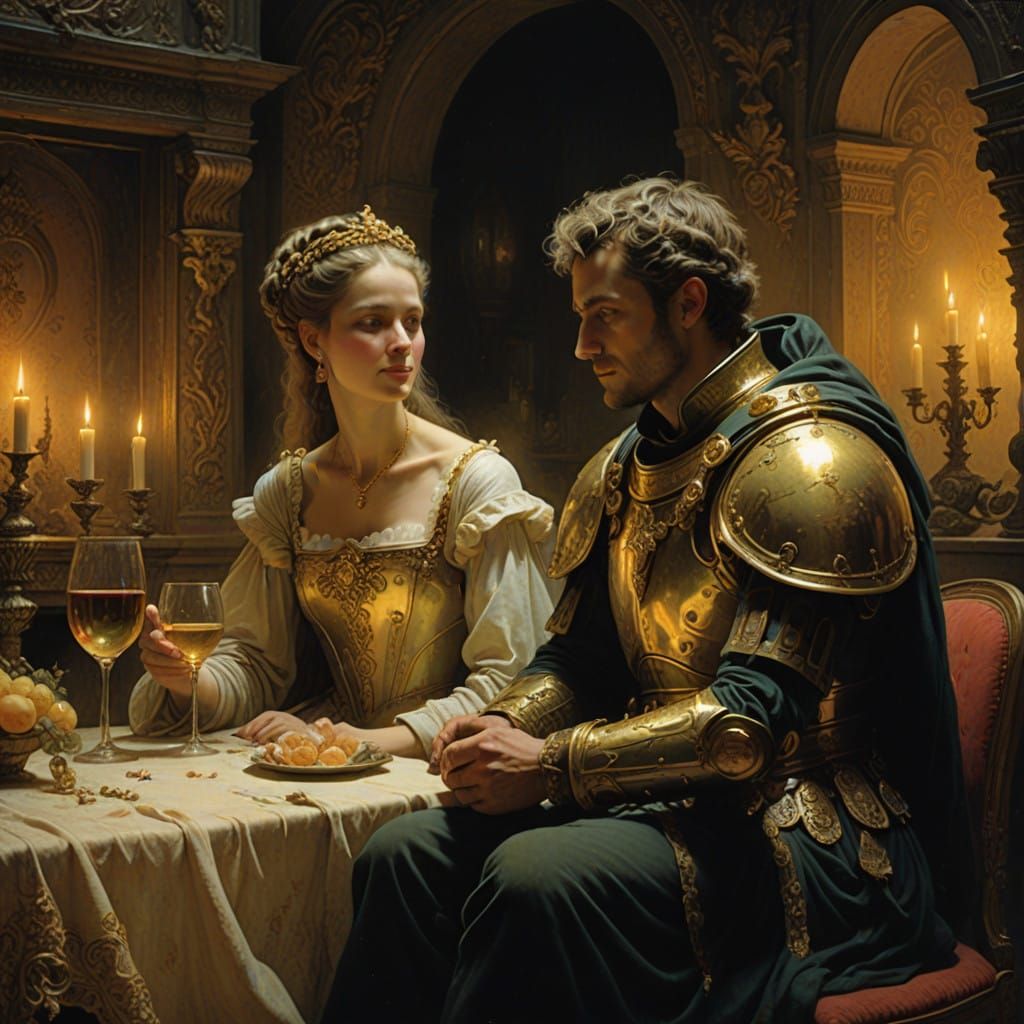 Golden Hour Tavern Scene in Whimsical Baroque Styl... - AI Art