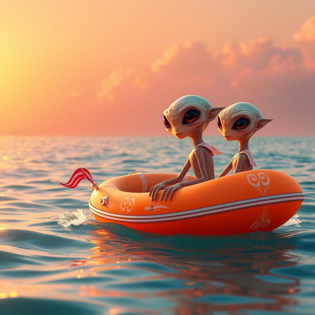 Cute aliens are sitting inside an inflatable life boat.