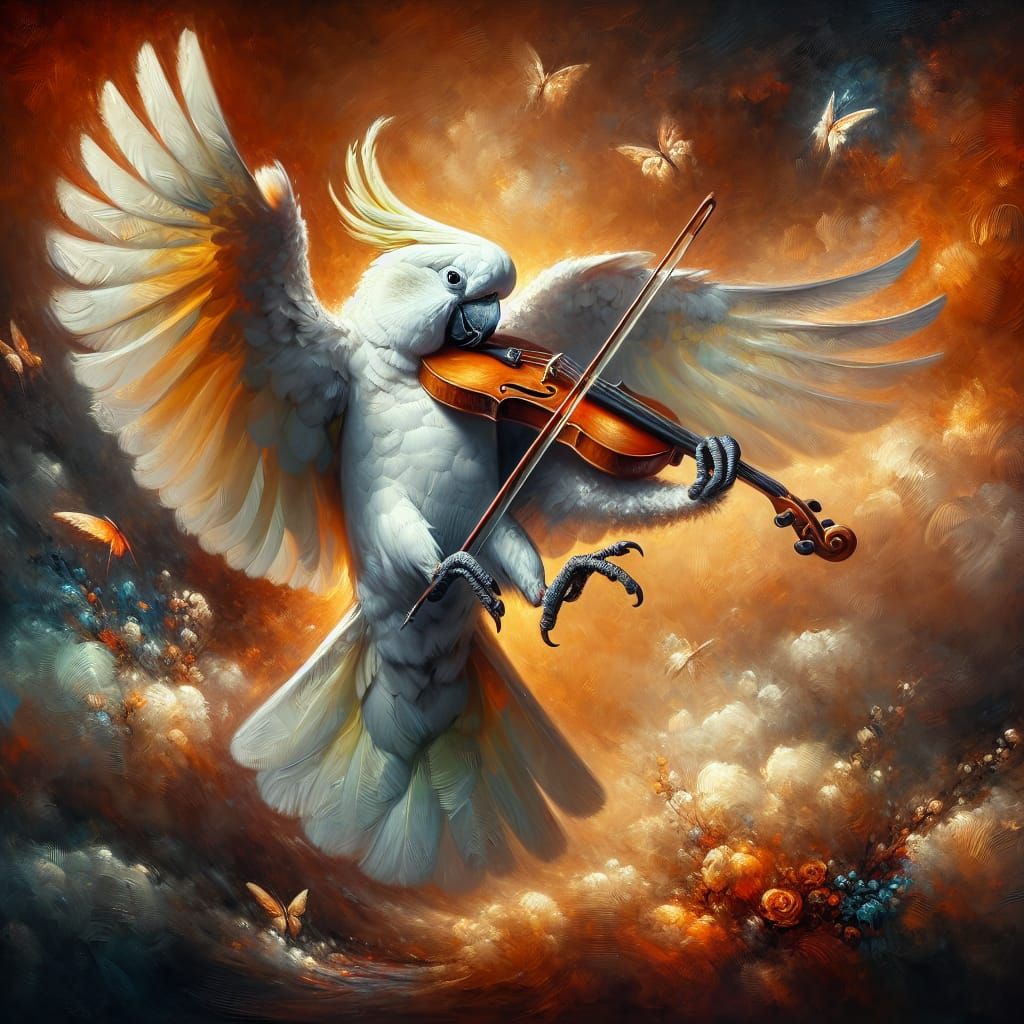 A majestic white cockatoo passionately playing a violin