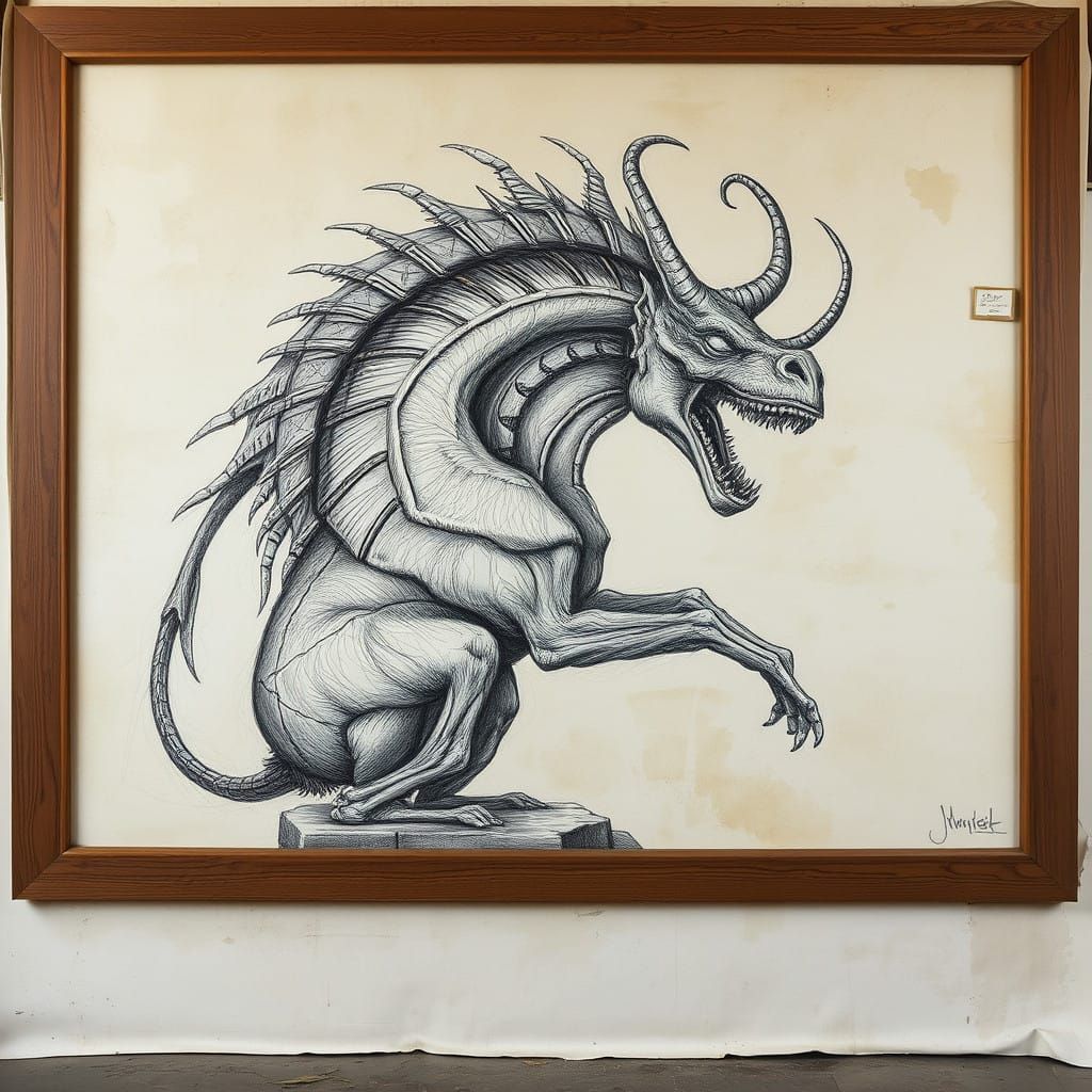 A very large drawing of a chimera. The frame is made of cedar. It is in ...