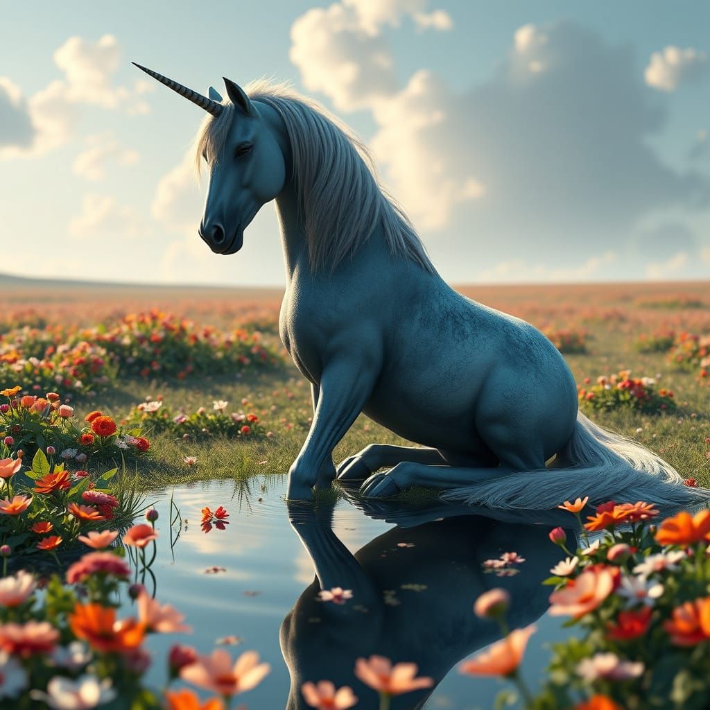 Hyperrealistic unicorn, sitting in a field of flowers looking into a body of water, being ...