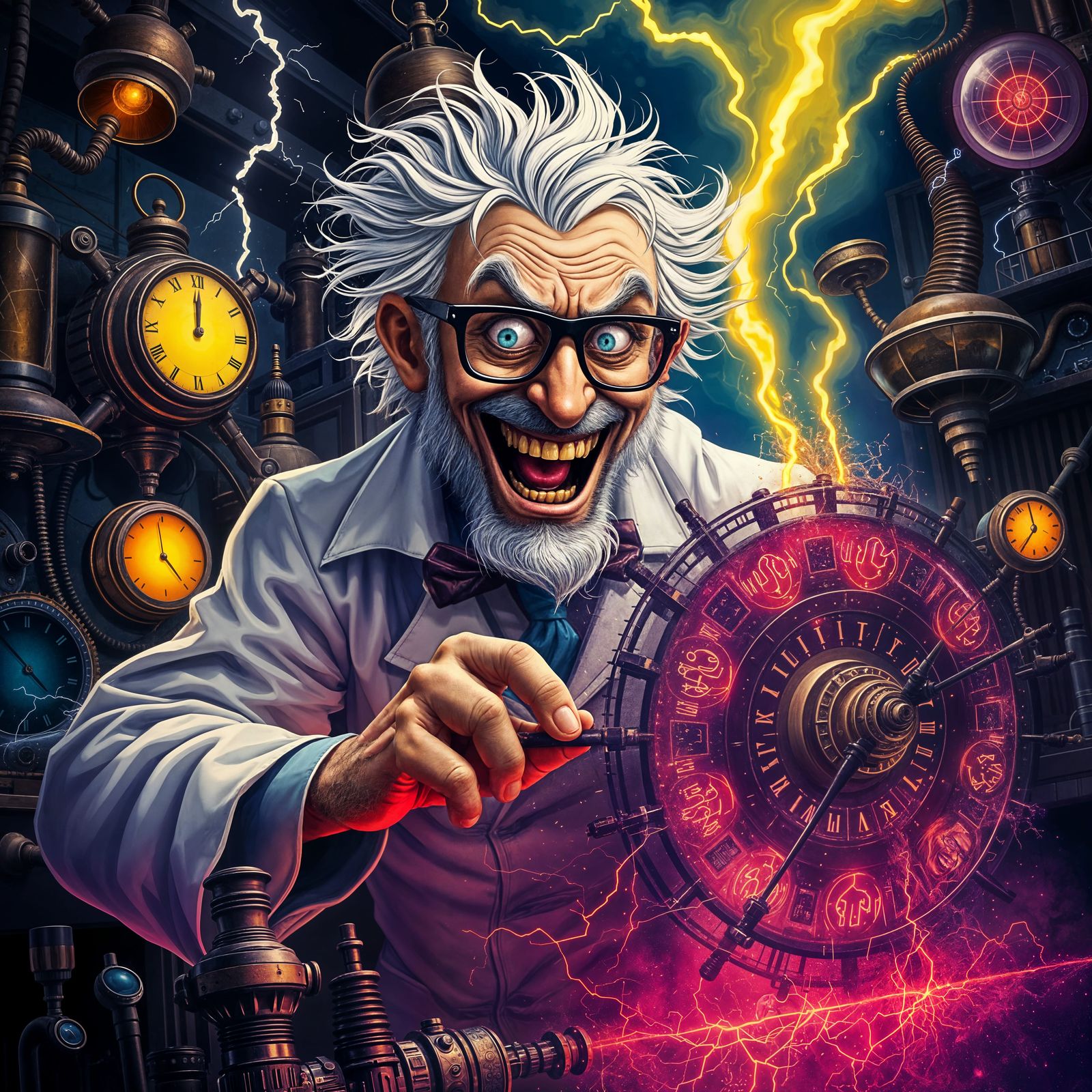 A professor with a crazy, laughing face