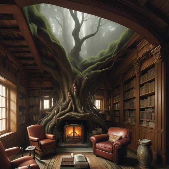 Cozy Library - Cozy Treehouse Library in Whimsical Style