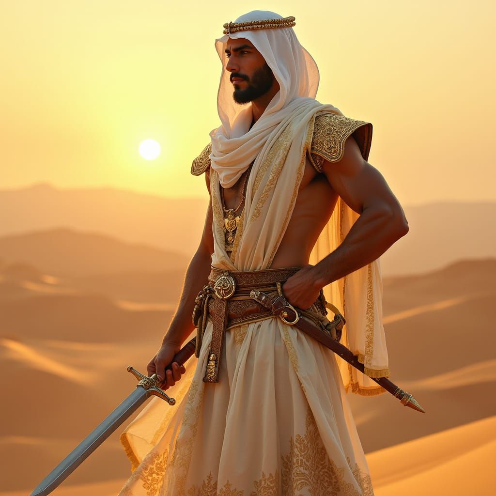 Arabian Knight - Heroic Arabian Knight in Majestic Desert La...