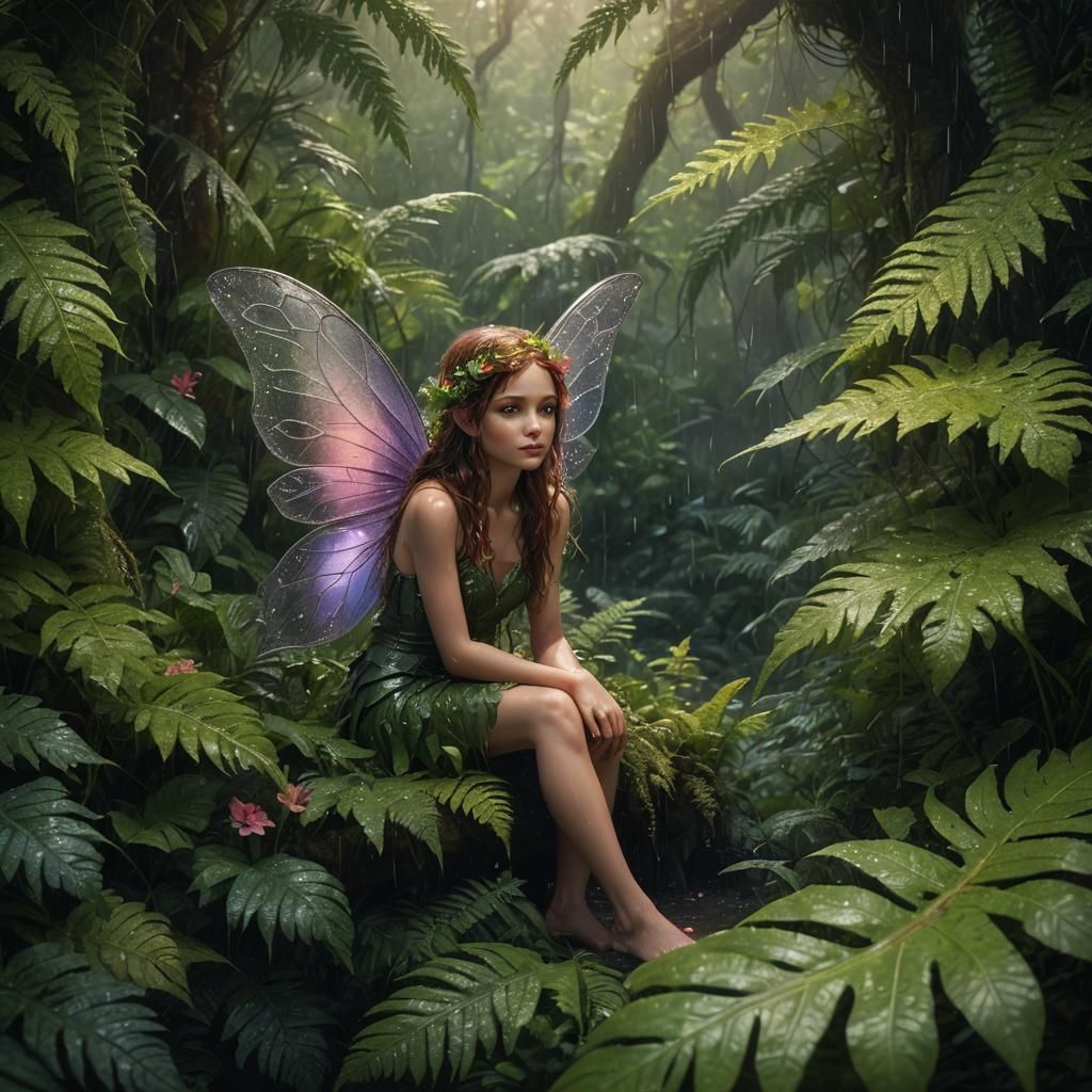 A fairy shelters from the rain under a leaf. The fairy is surrounded by ...