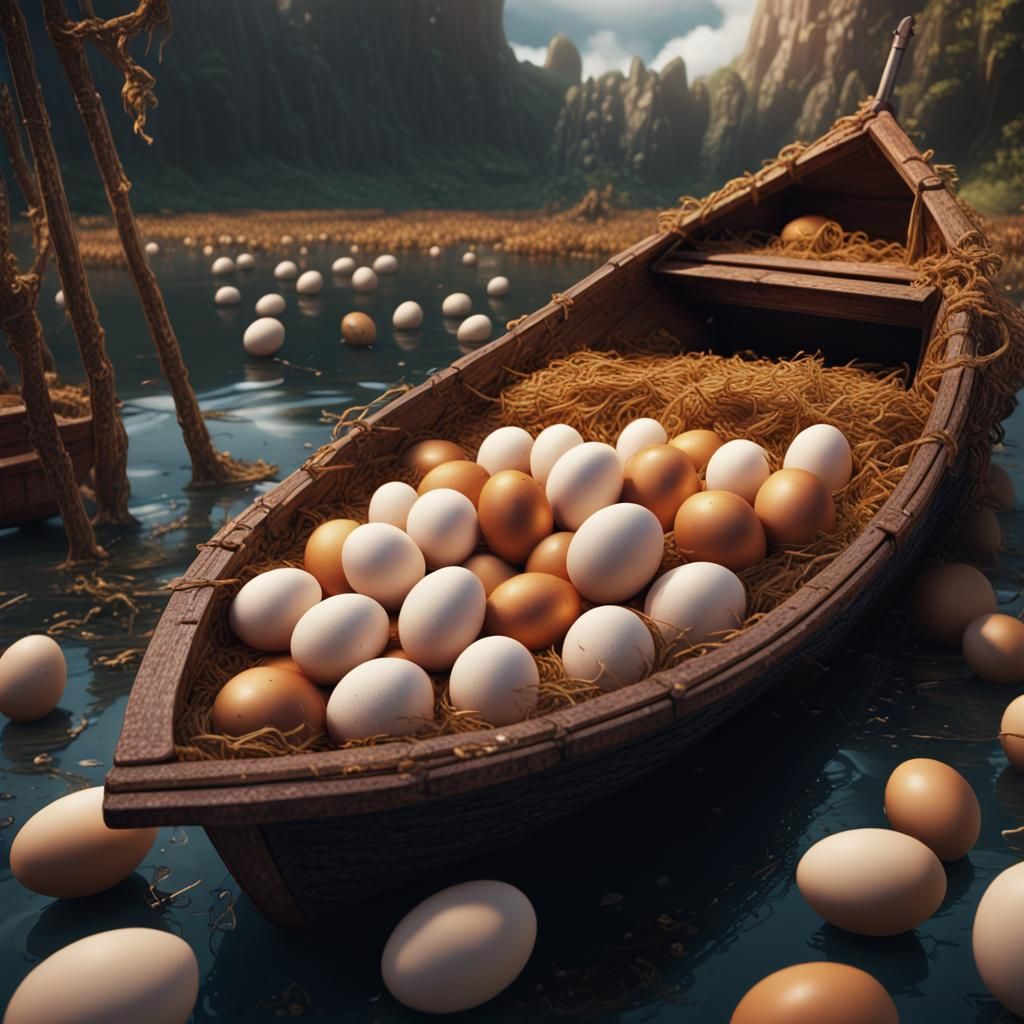 A BOAT FILLED WITH CHICKEN EGGS - AI Generated Artwork - NightCafe Creator