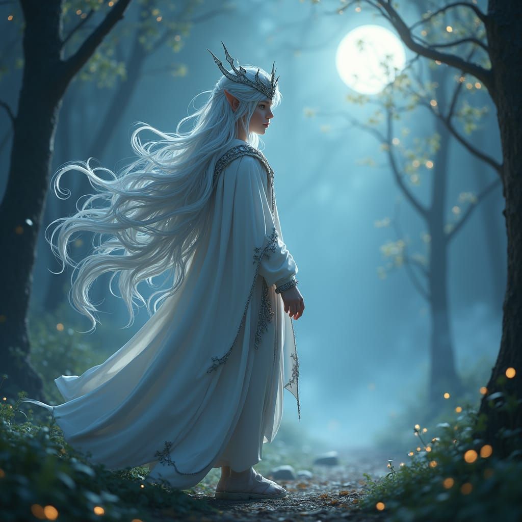 Elven Prince by Moonlight - Mystical Elf in Moonlit Forest,
