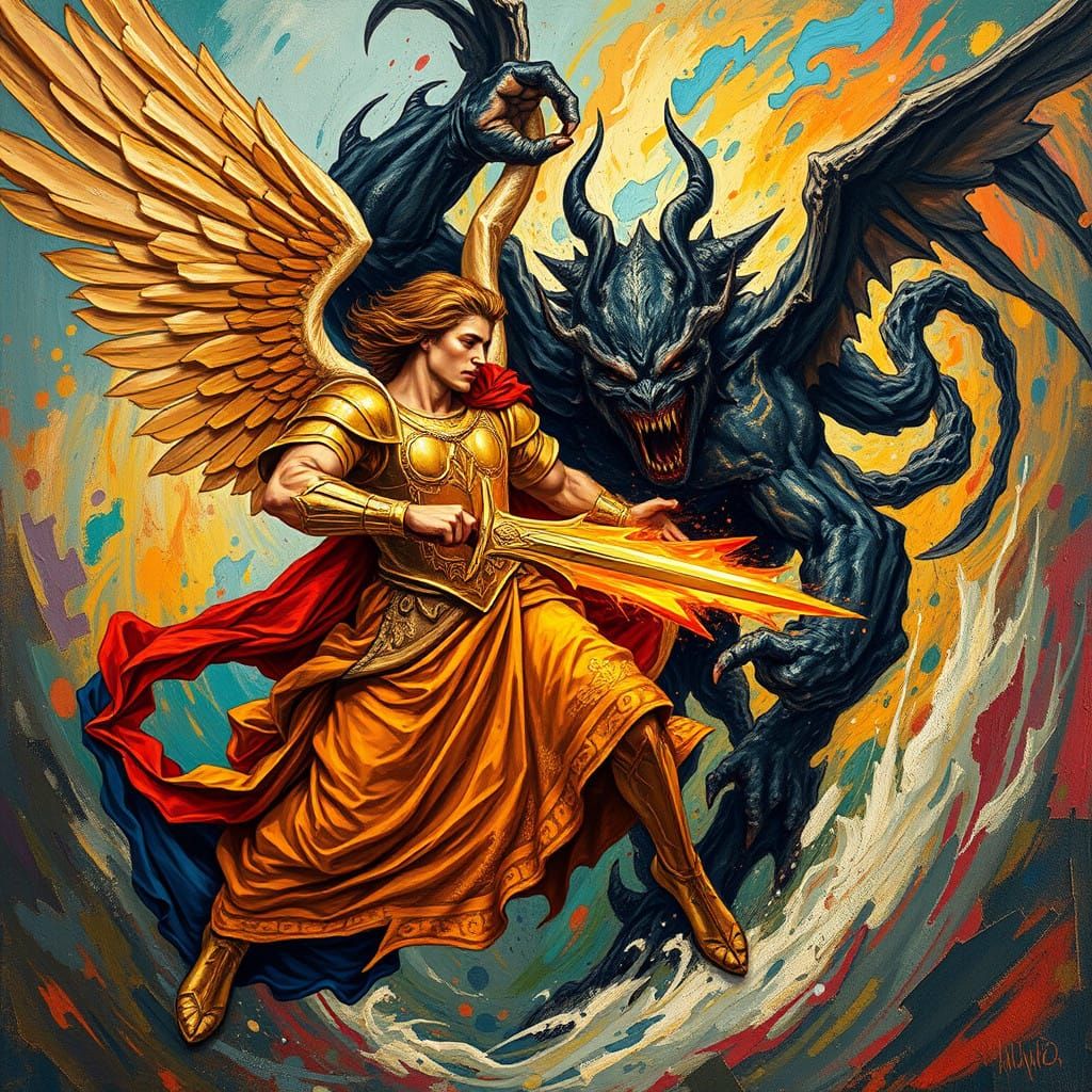 Archangel Michael Clashes with a Grotesque Demon i... - AI Art