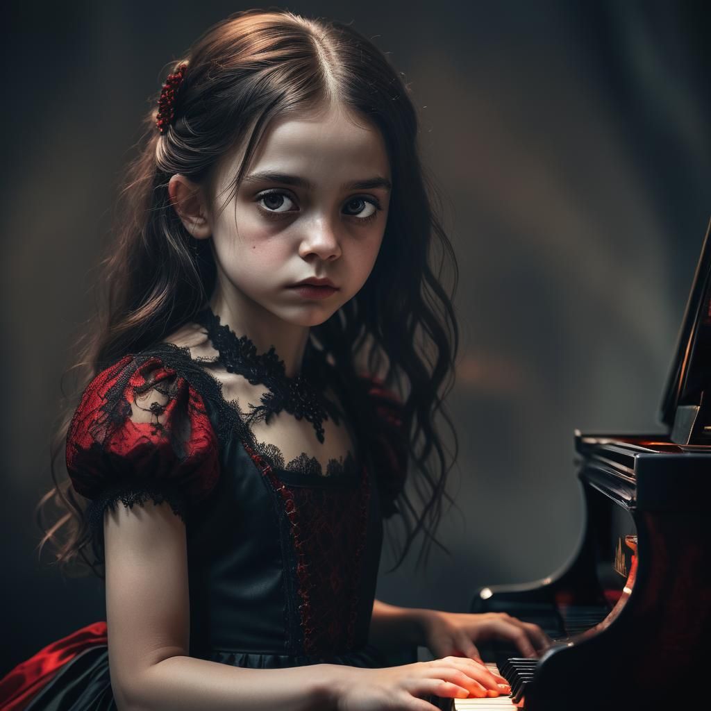 Hyper-realistic portrait. A young gothic child with long dark brown ...