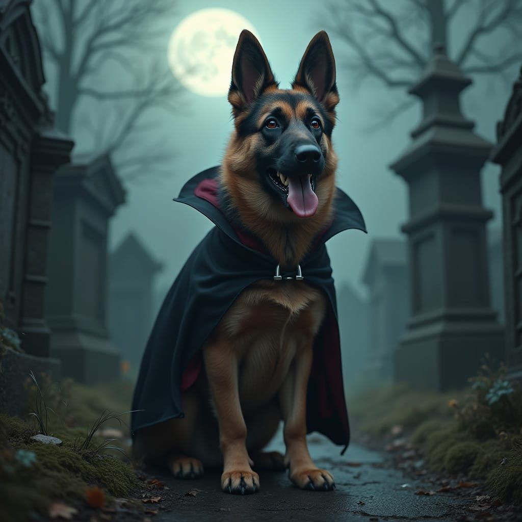 Realistic German Shepherd in Haunting Vampire Rega... - AI Art