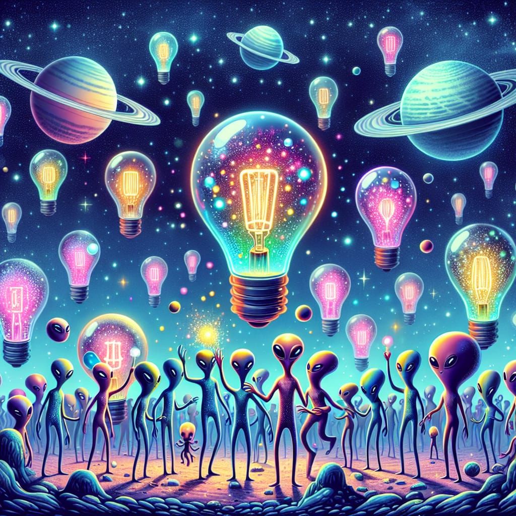 Aliens celebrating a New Years Eve with bubbling Neon glowing different ...