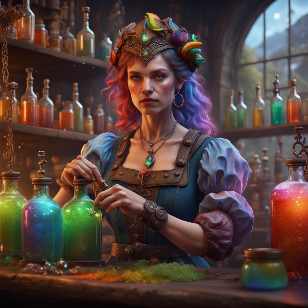 alchemist woman brewing rainbow potions - AI Generated Artwork ...