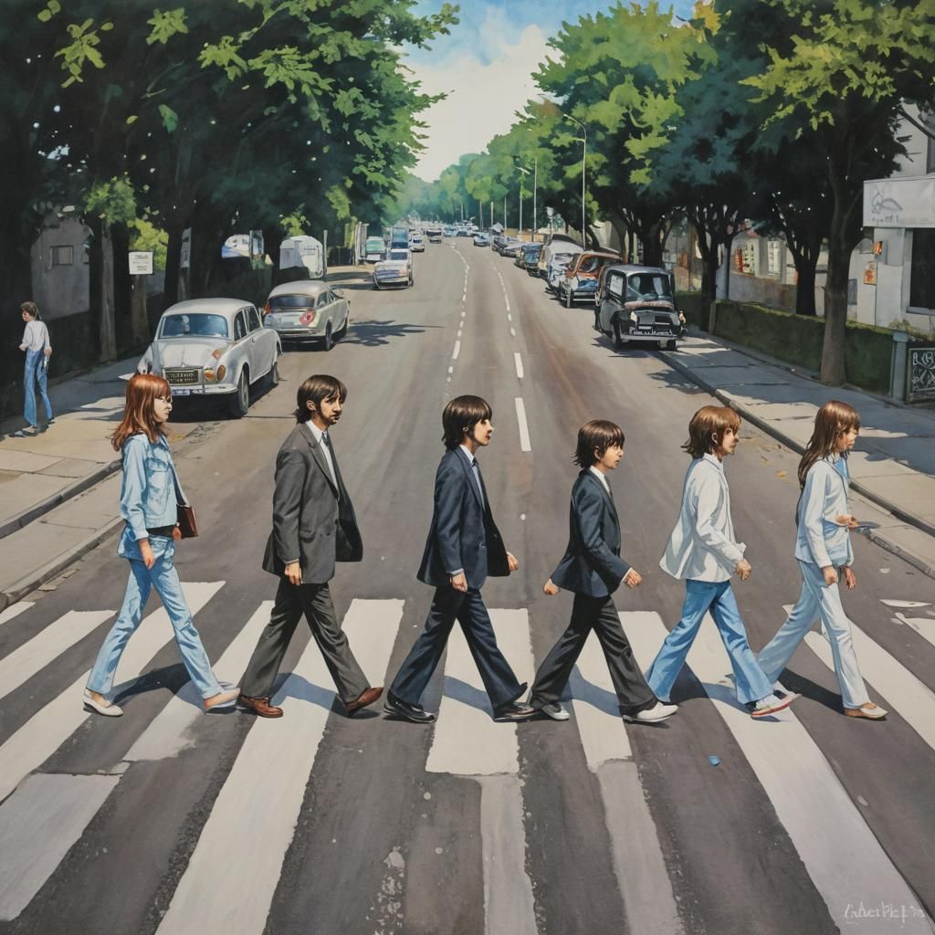 Album Cover ; abbey road watercolors hyperdetailed 8k light at dawn ...