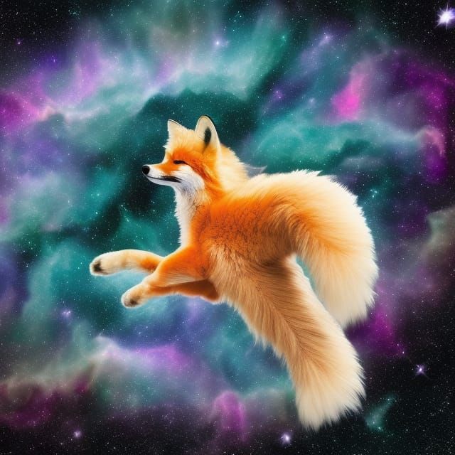 A magnificent fluffy fox flying through space, with stars and nebulas ...
