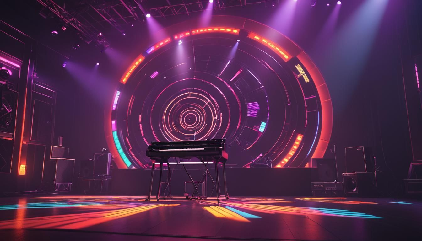 music, synthpop, colorful shadows, psychedelic mantra, empty stage ...