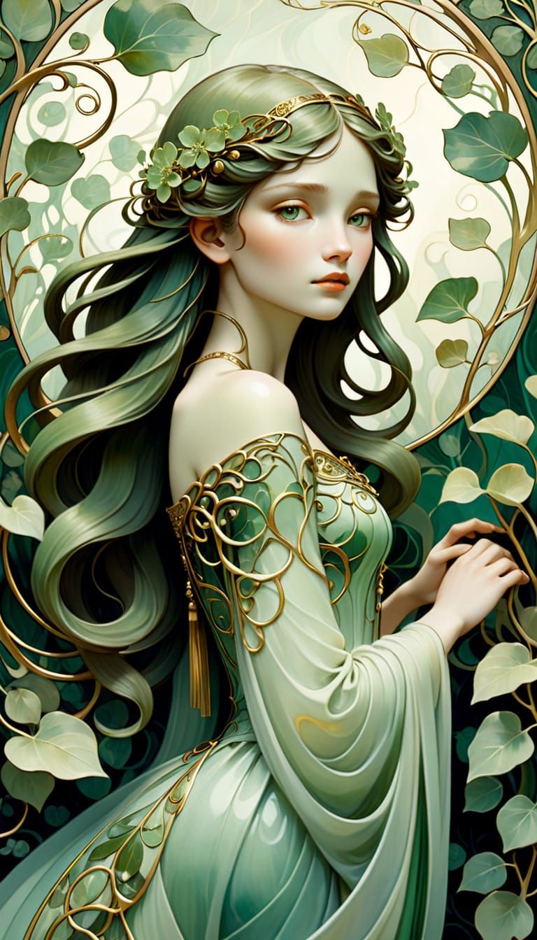 Ethereal Jade Figure Amidst Whirling Foliage in Ar... - AI Art