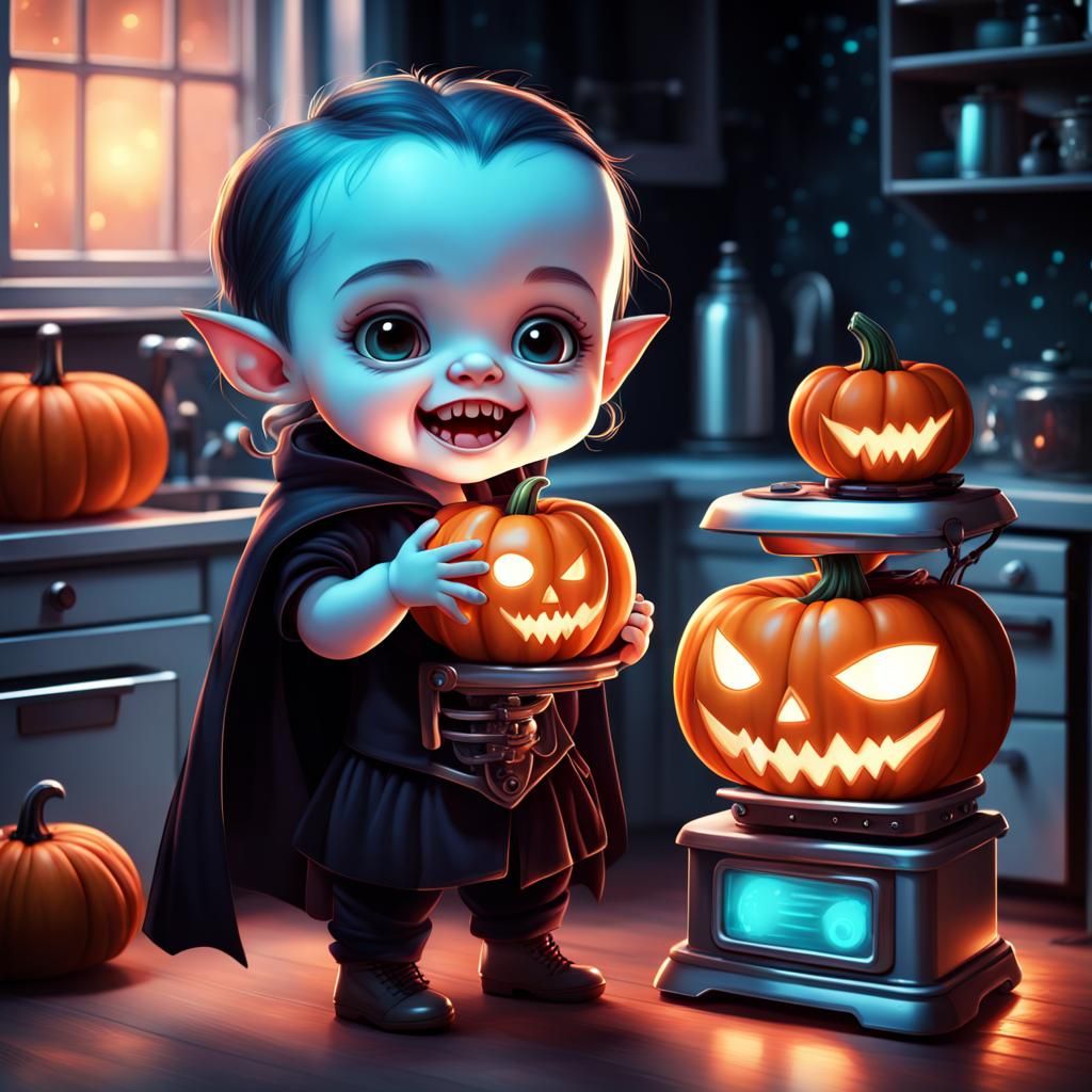adorable cute Chibi baby Vampire with fangs holding Spooky Kitchen ...